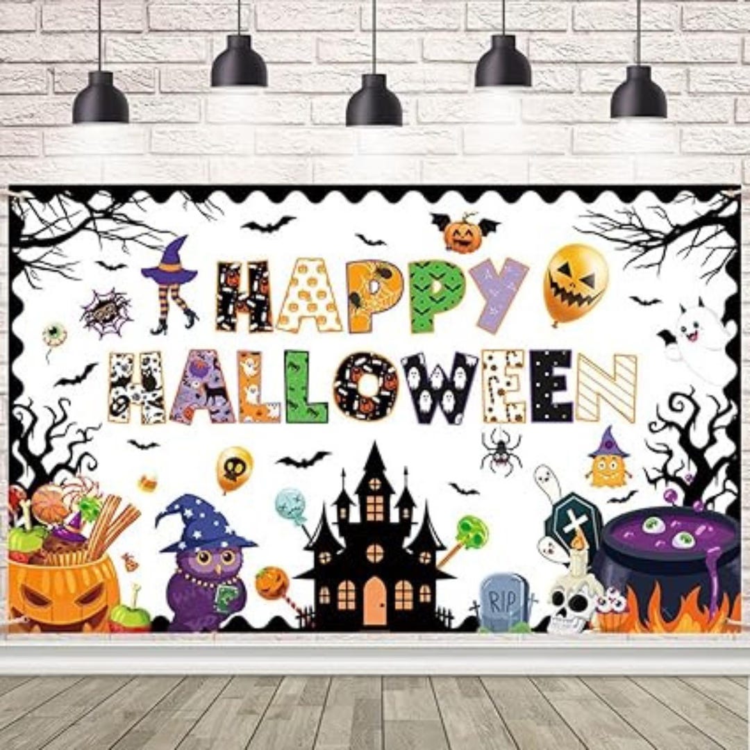 Happy Halloween Classroom Banner Backdrop With Ghost Spider Bat Pumpkin ...