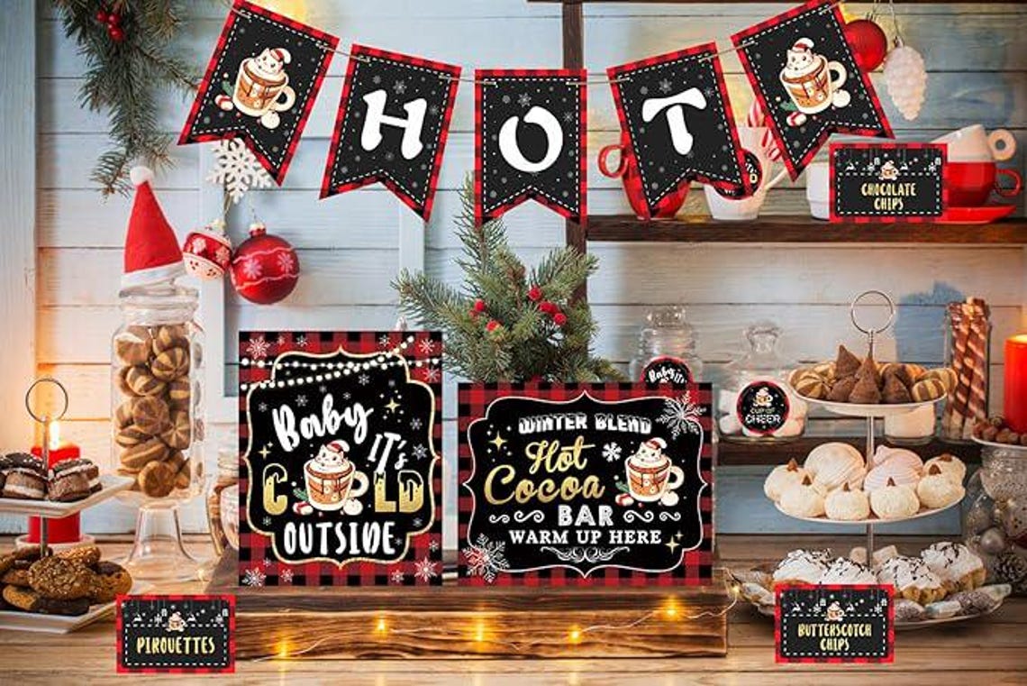 Hot Cocoa Bar Kit With Banner, Cup Tags & Toppings for Christmas Party ...