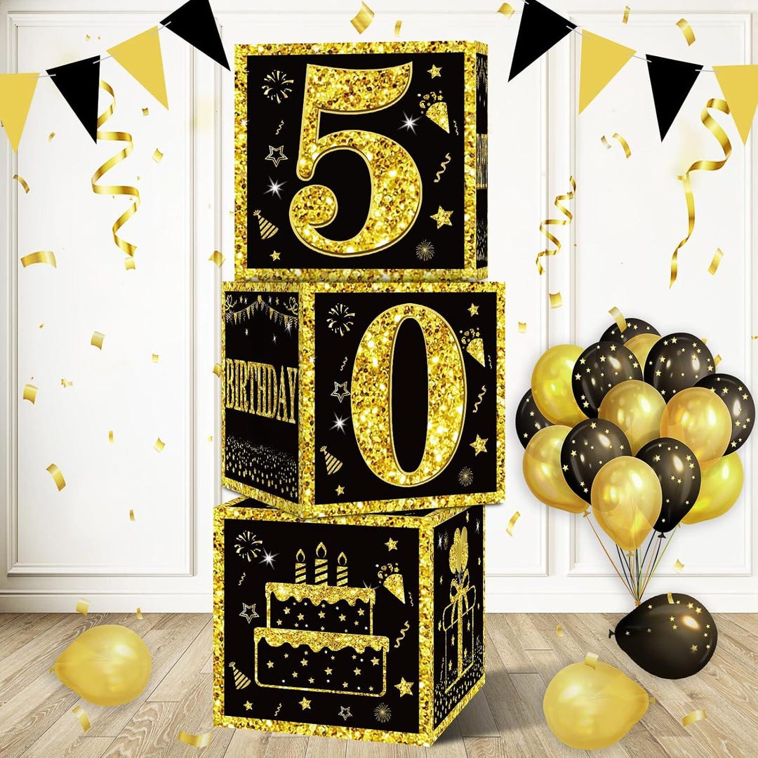 3pcs 50th Birthday Decoration Boxes Black Gold Balloons Boxes Party ...