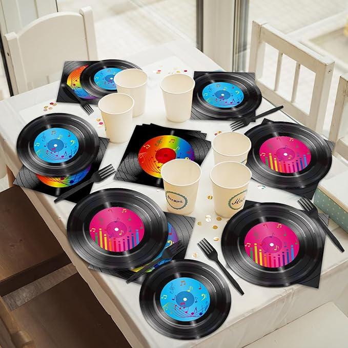 50's Record Party Tableware Set: Retro Vinyl Plates & Napkins for 24 ...