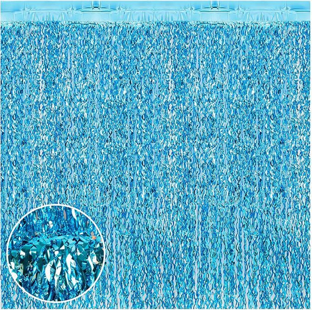 Teal Blue Tinsel Backdrop 4 Pack Wavy Foil Curtains for Underwater ...