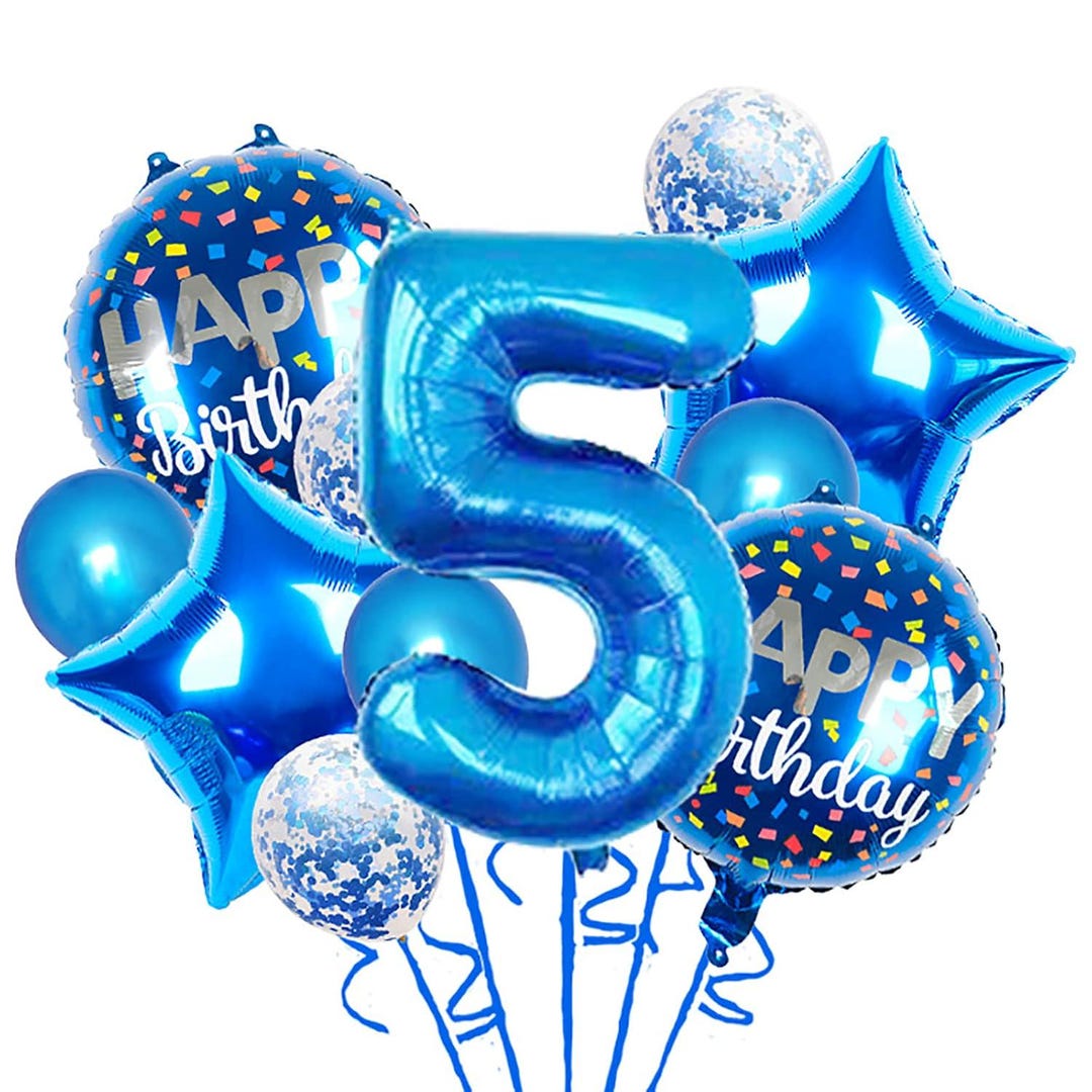 Blue 5th Birthday Balloon Set – 11pcs Foil & Confetti Balloons for Kids ...