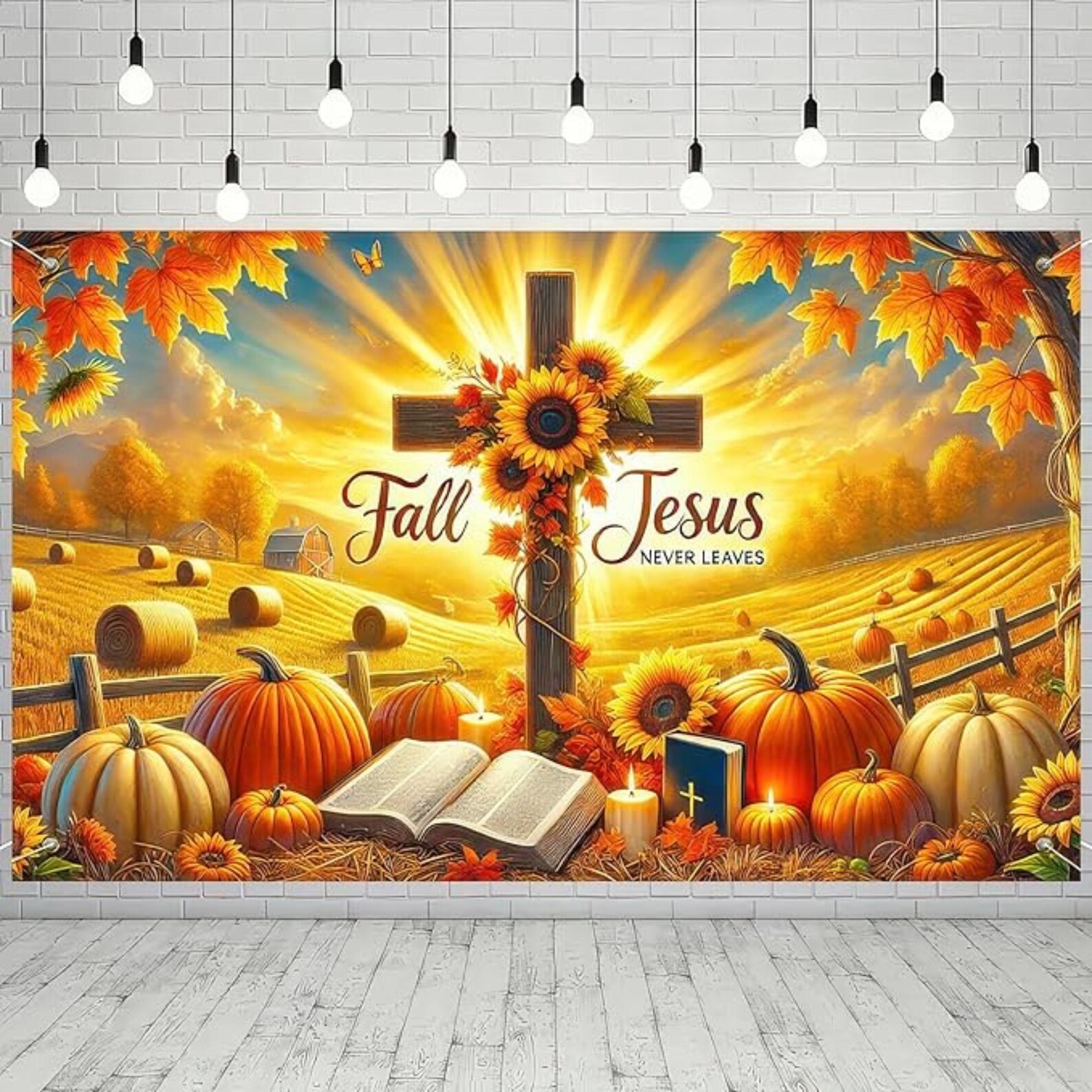 71x43in Fall for Jesus Backdrop With "never Leaves" Pumpkin Autumn ...