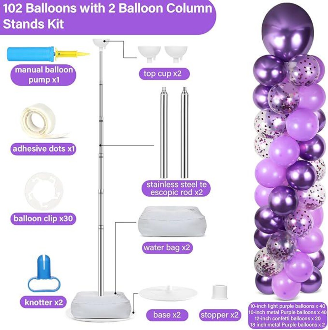 2 Sets Purple Balloon Column Stand Kit With 100 Balloons for Party ...