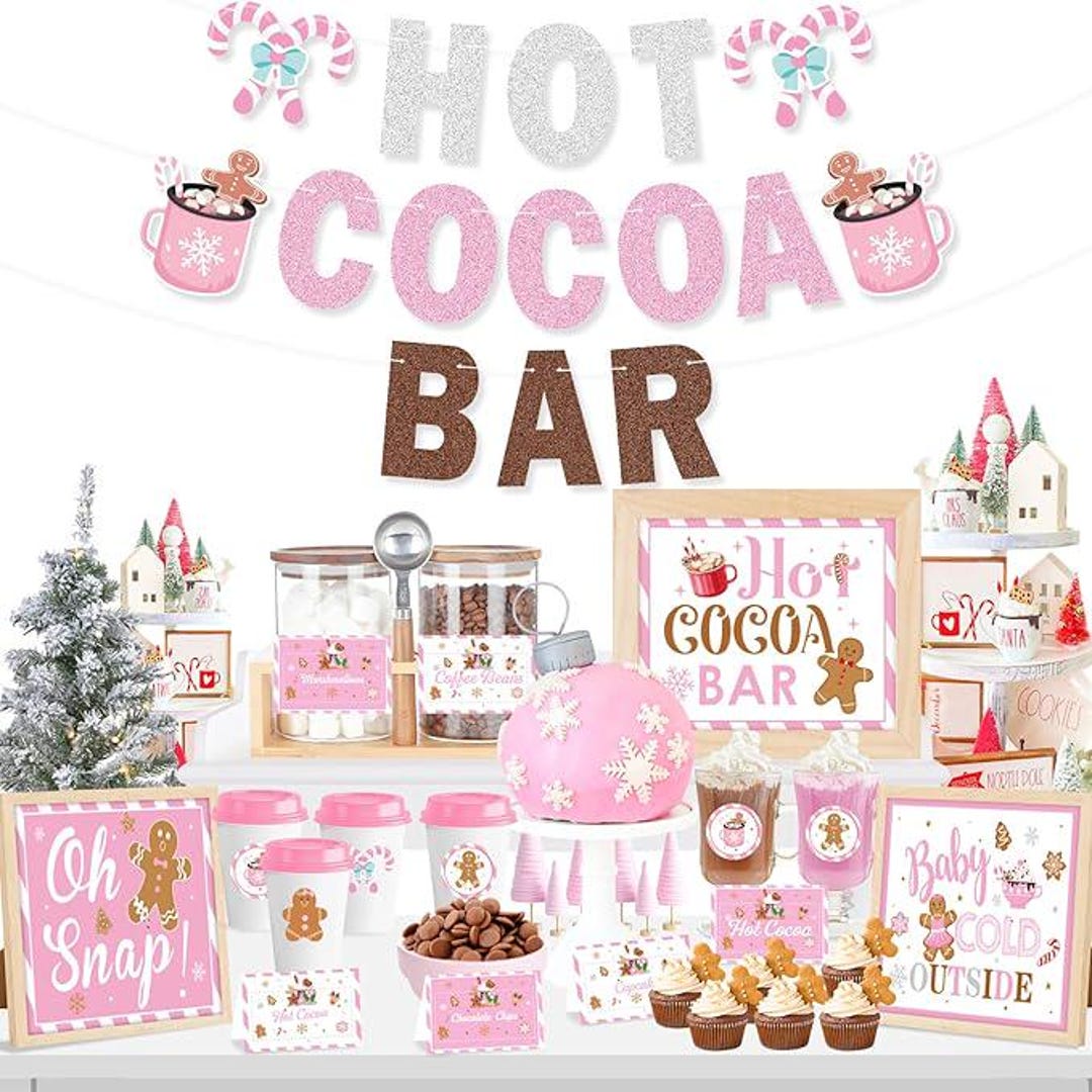 Pink Hot Cocoa Bar Kit With Gingerbread Banner, Labels & Cup Tags for ...