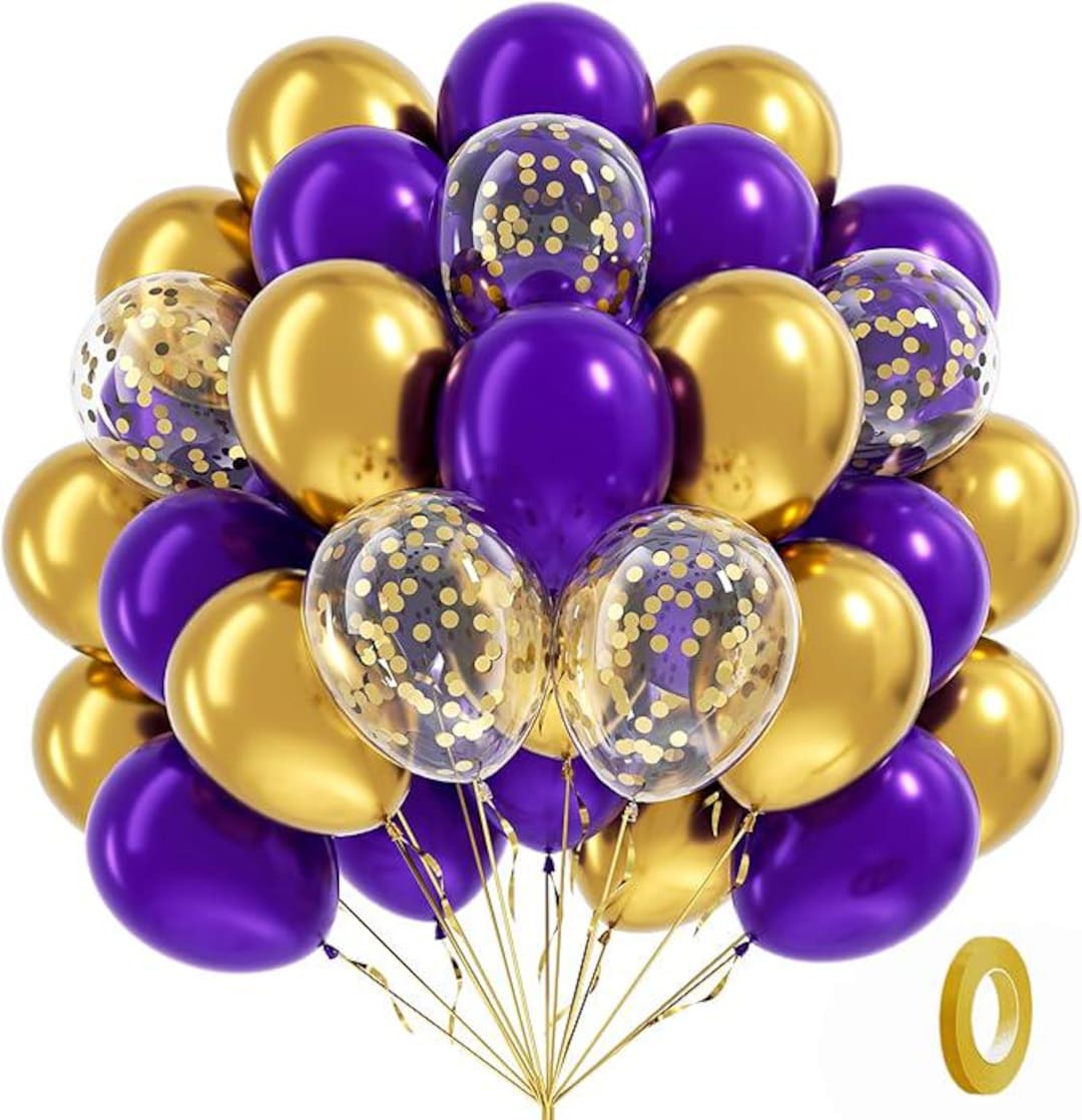 60pcs Purple & Gold Balloons, 12" Metallic Confetti Set for Party Decor ...