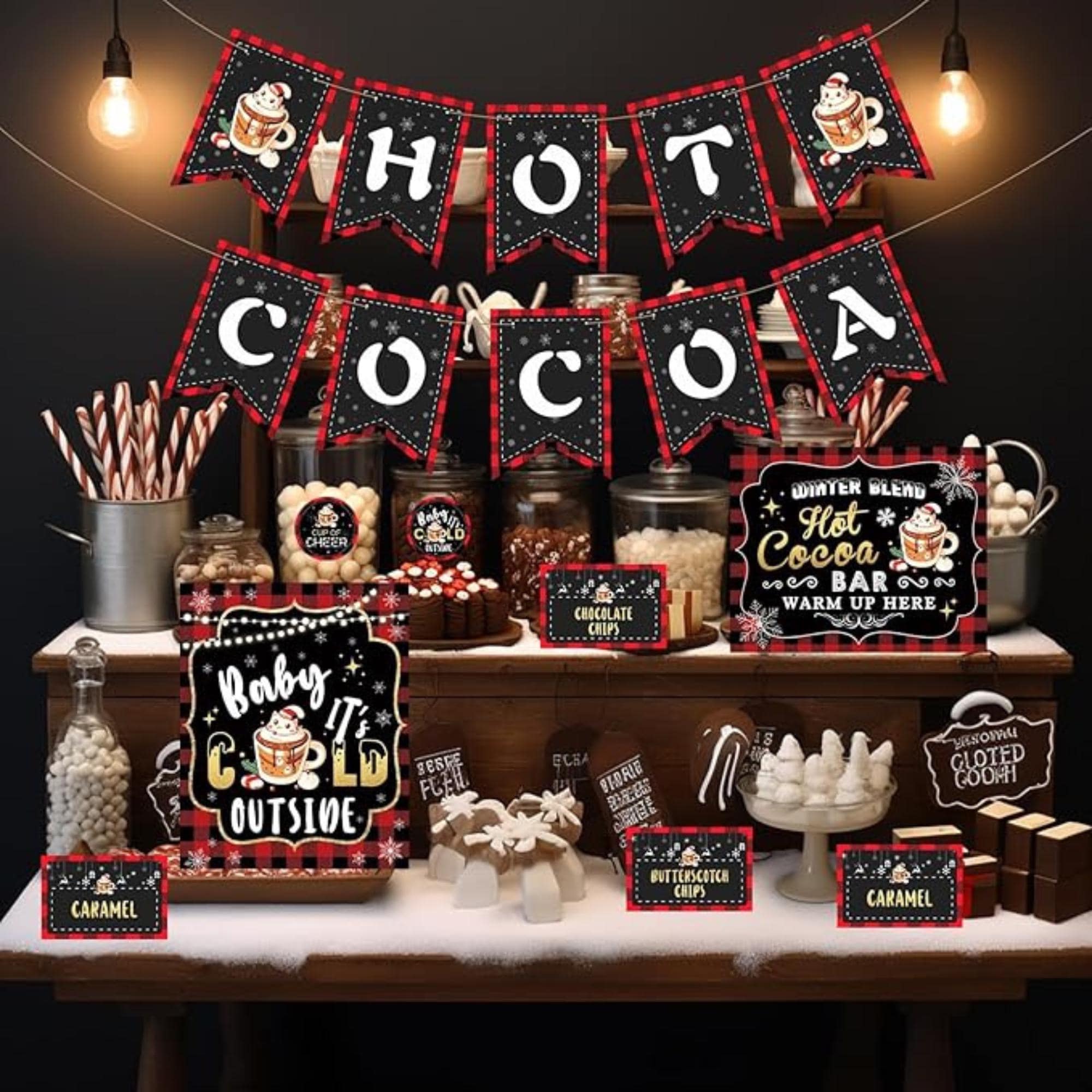 Hot Cocoa Bar Kit With Banner, Cup Tags & Toppings for Christmas Party ...