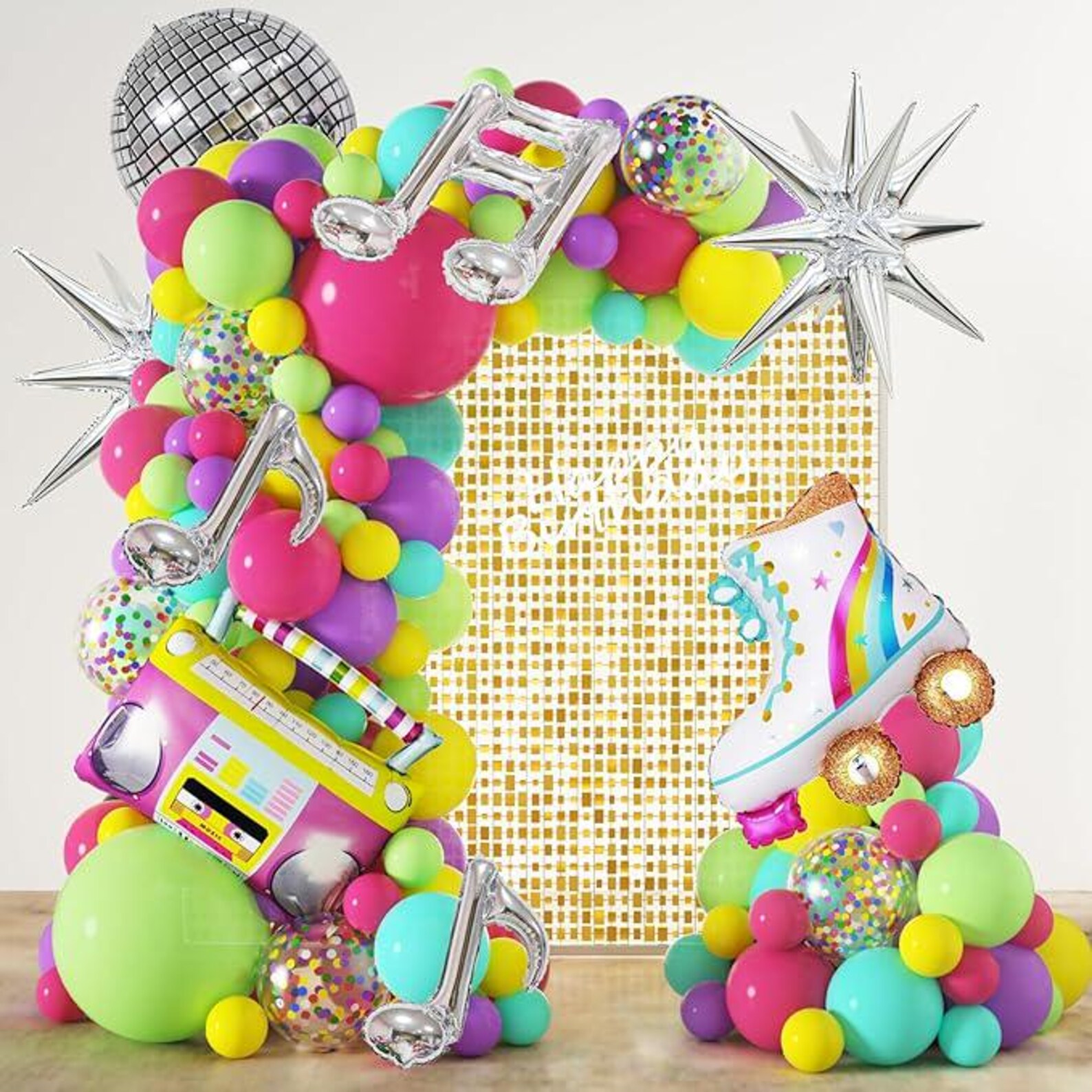 167pcs 80s 90s Neon Balloon Arch Kit With Music Note, Star & Disco Ball ...