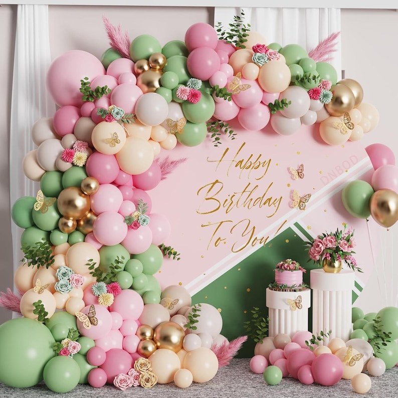 177PCS Sage Green Pink Balloon Arch Kit With Gold Butterflies for ...