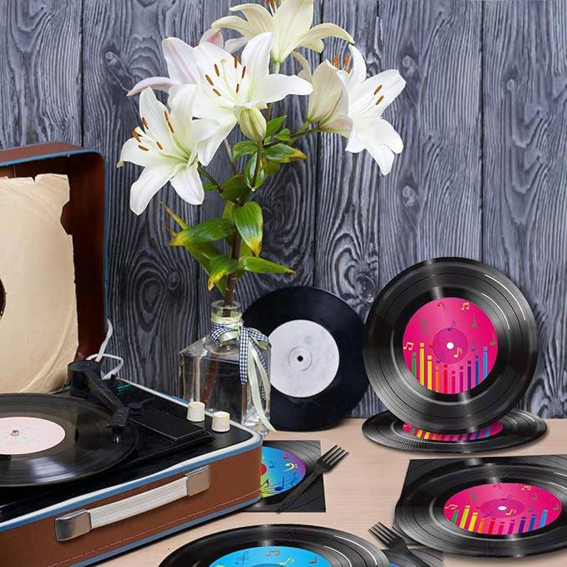 50's Record Party Tableware Set: Retro Vinyl Plates & Napkins for 24 ...