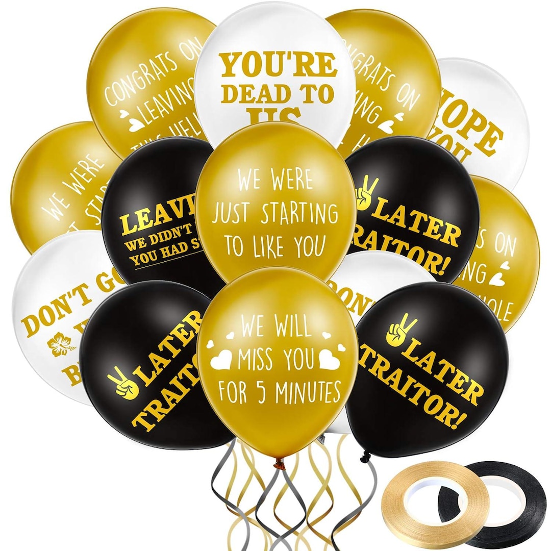 Funny Farewell Balloons (45pcs): Black, Gold & White Latex Goodbye ...