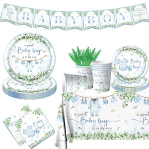 142pcs Greenery Blue Baby Shower Tableware Set – Plates, Cups, Napkins ...