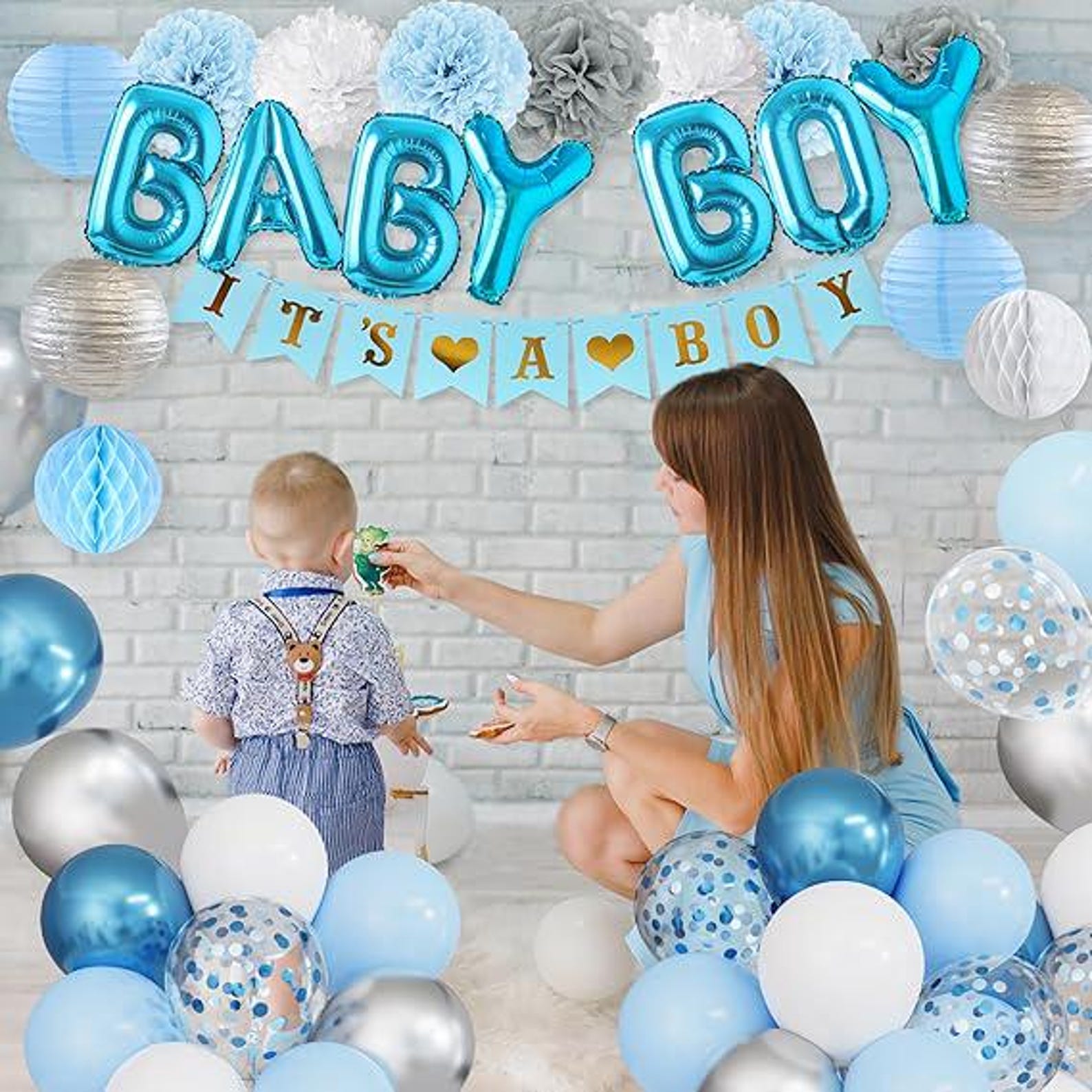55PCS Blue Baby Shower Decor With "it's a Boy" Banner, Balloons, Pom ...