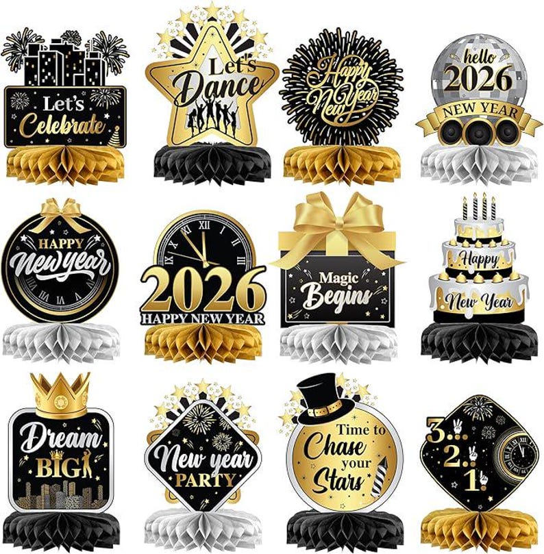 New Year's Eve Table Centerpieces 2026, Black and Gold, 12-pack - Etsy