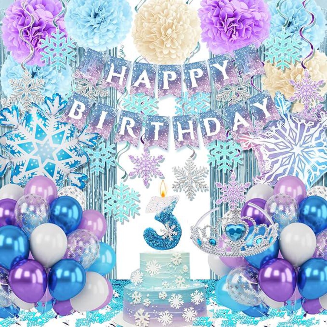 Winter Snow 3rd Birthday Party Supplies for Girls With Balloons, Candle ...