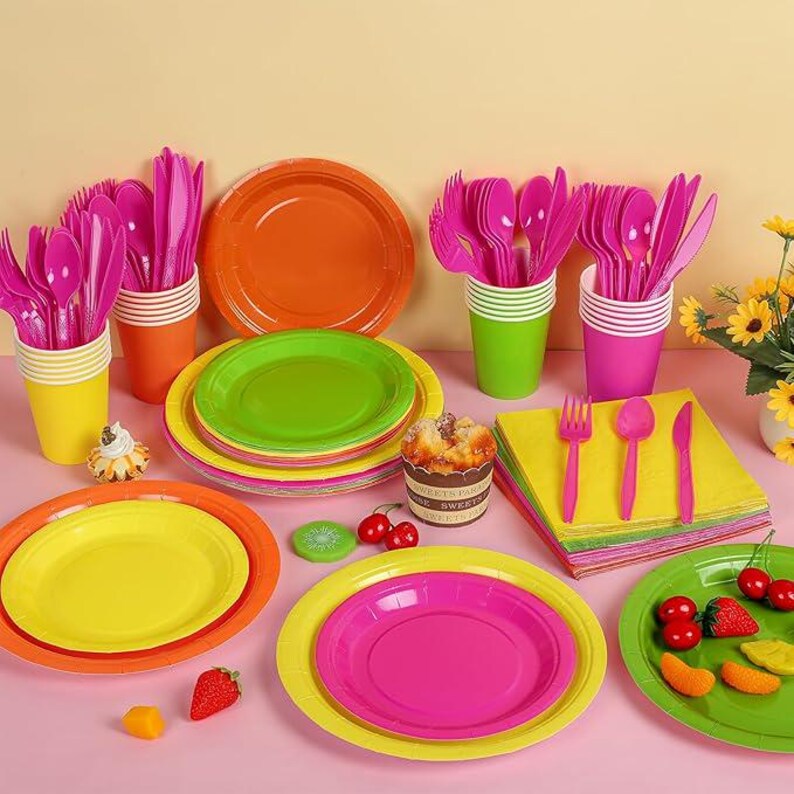 Neon Party Supplies Set (192 Pcs): Plates, Cups, Napkins, Cutlery - 24 ...