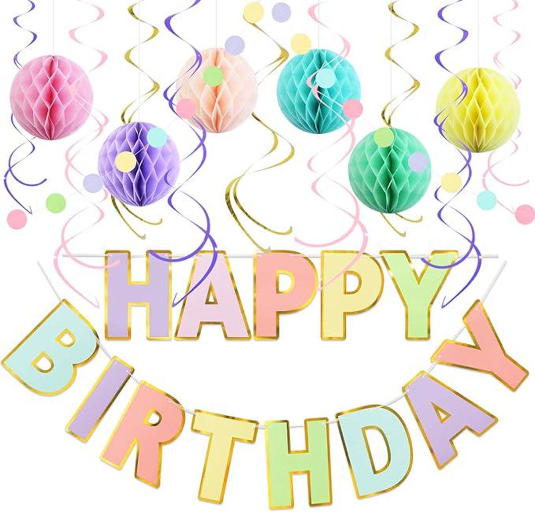 17pcs Pastel Birthday Decorations Kit With Banner, Garland, Swirls ...