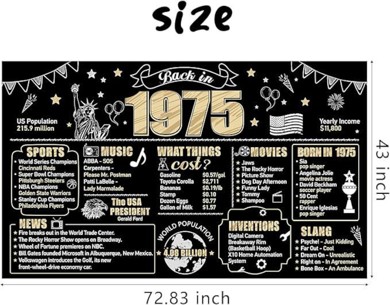 50th Birthday Backdrop: Black & Gold 1975 Party Banner - Etsy