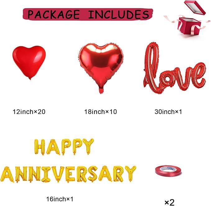 Anniversary Party Decor Set: Red Heart Garland, Balloons & Rose Petals ...