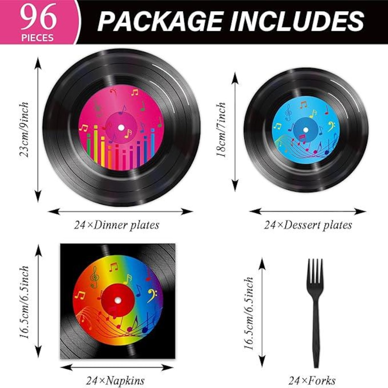 50's Record Party Tableware Set: Retro Vinyl Plates & Napkins for 24 ...
