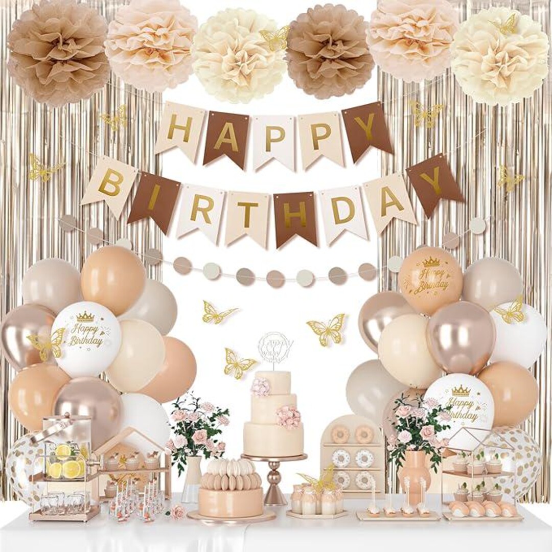 Neutral Birthday Decorations Balloons Banner Fringe Curtain Pompoms ...