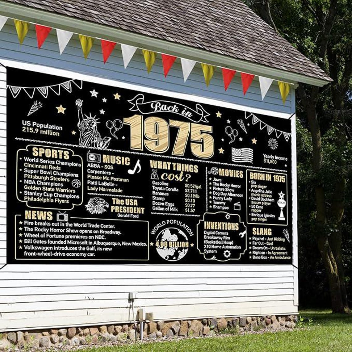 50th Birthday Backdrop: Black & Gold 1975 Party Banner - Etsy