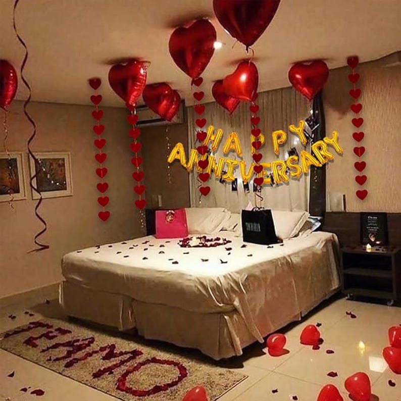 Anniversary Party Decor Set: Red Heart Garland, Balloons & Rose Petals ...