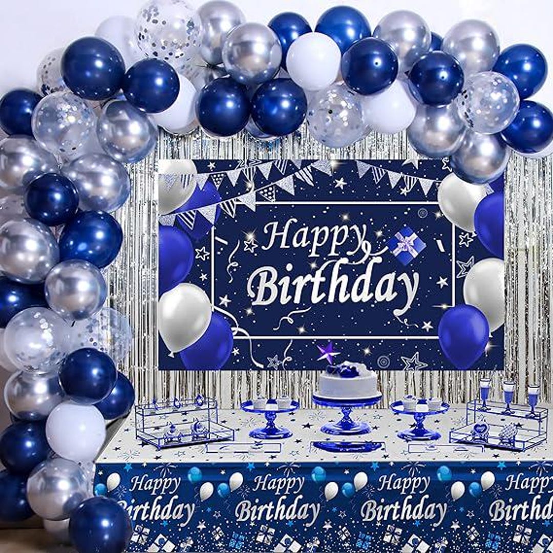Blue Birthday Decorations Balloon Arch Kit Backdrop Tablecloth Fringe ...