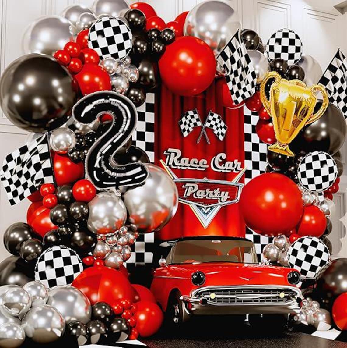 All-in-1 Race Car Balloon Arch Kit With Trophy Number 2 for Birthday ...