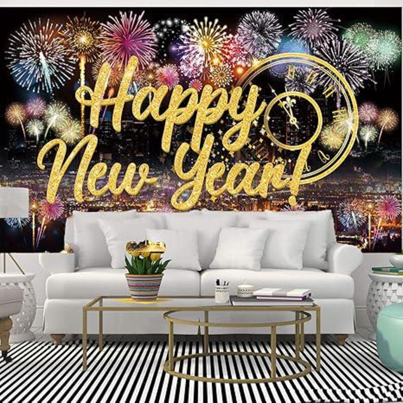Happy New Year Fabric Backdrop With Fireworks for Photo Booth Party ...