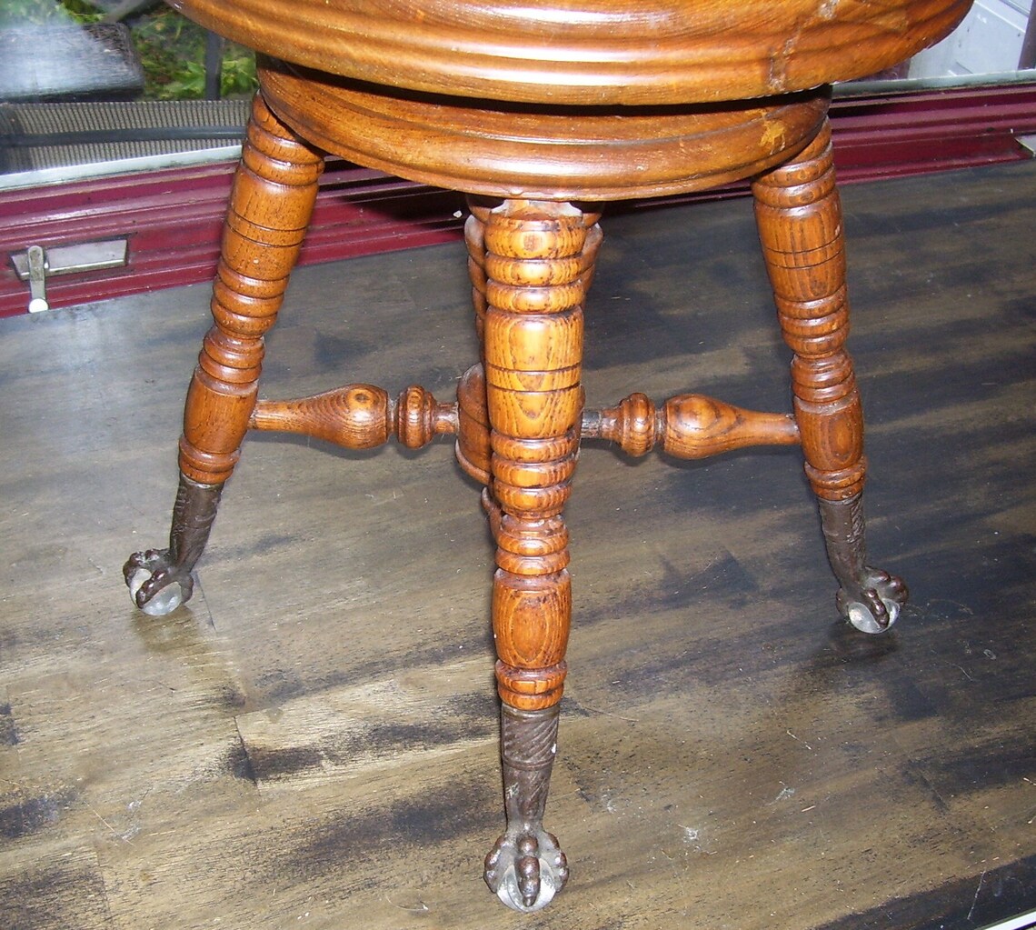 Antique Maple Piano Stool Lyon Healy Chicago Round Glass Balls on Cast ...
