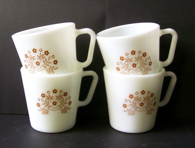 Pyrex Summer Impressions 4 Milk Glass Mugs Brown Flowers and | Etsy
