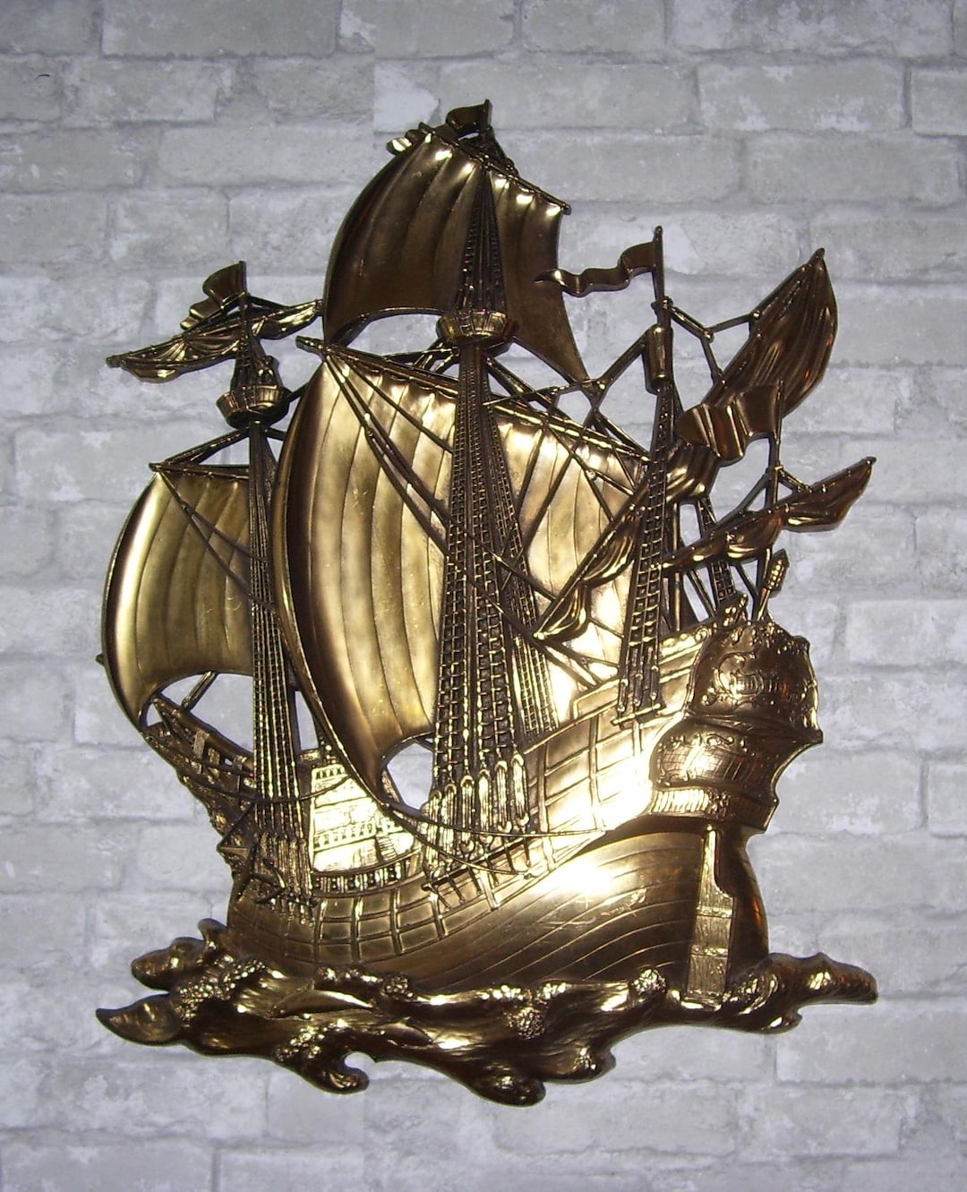 Large Metal Brass Vessel Ship Wall Hanging/ Beach House Decor/ Sailing ...