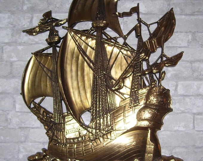 Large Metal Brass Vessel Ship Wall Hanging/ Beach House Decor/ Sailing ...