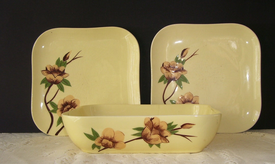 California Pottery 3 Weil Ware Rose Yellow Pieces --2 - 8 Inch Square ...