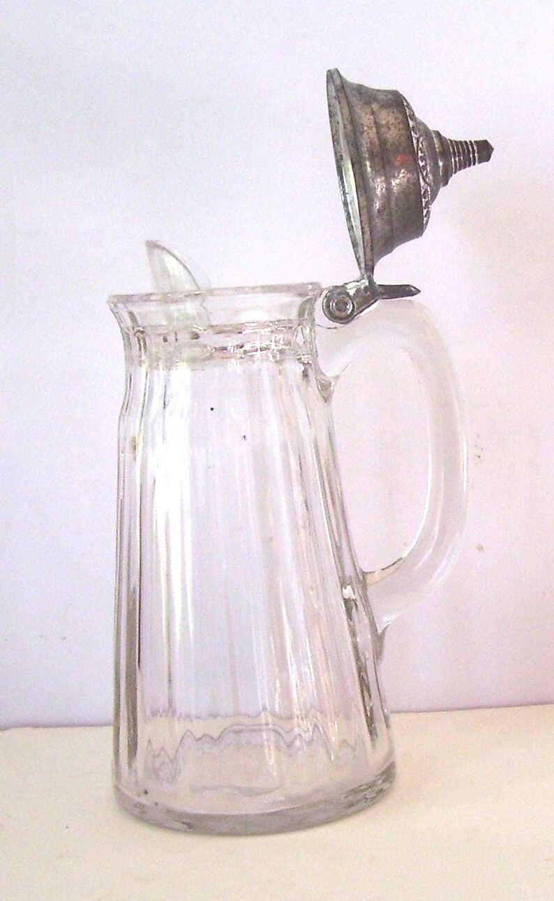 Vintage Glass Syrup Pitcher Metal Flip, Pour Spout, Vertical Lines ...