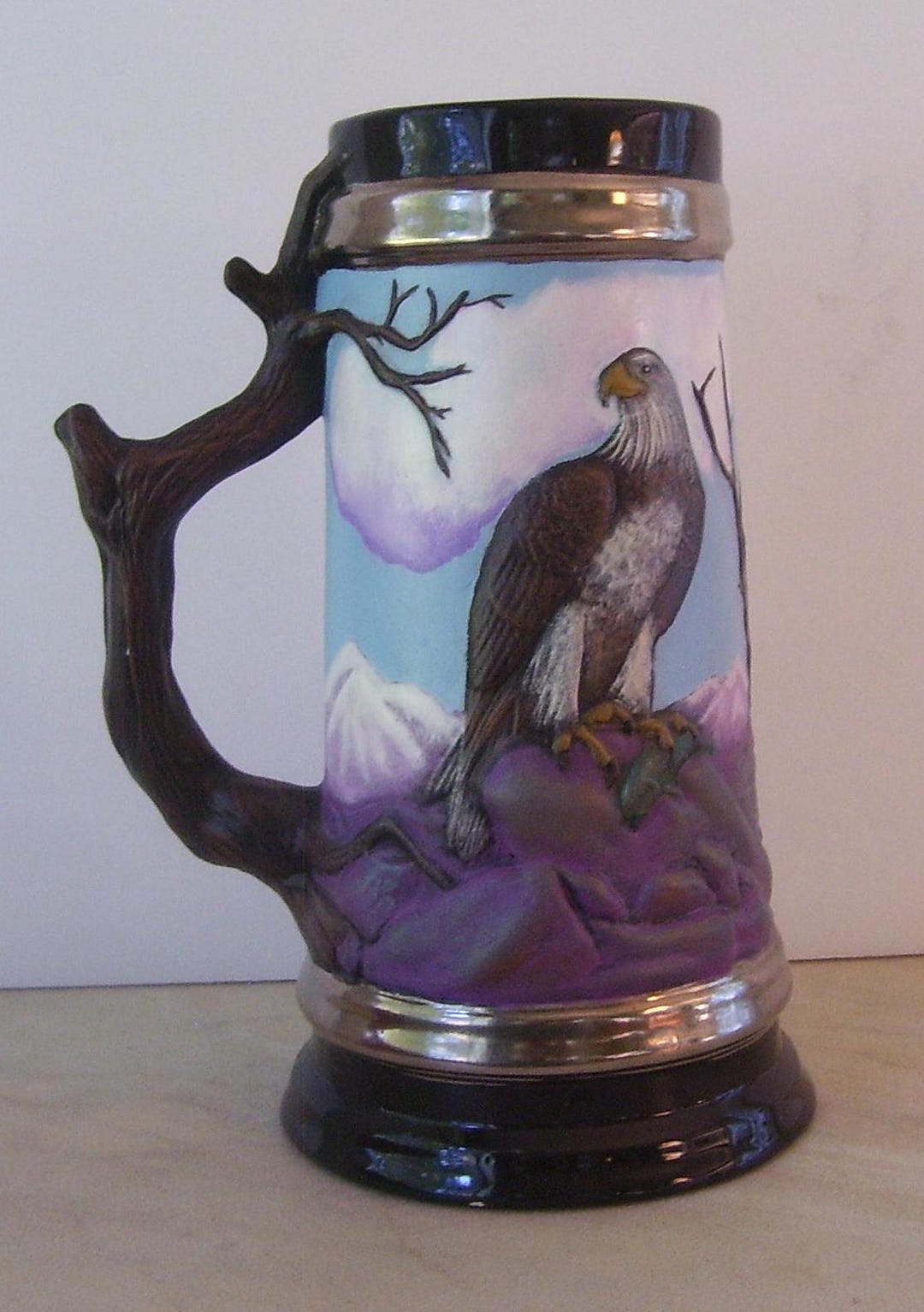 Embossed Flying Bald Eagle Beer Stein, Handle/ Home Bar, Painted Eagles ...