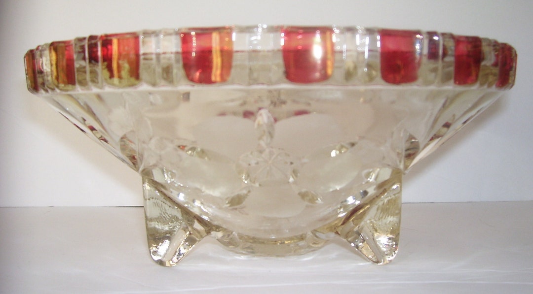 Beautiful Ruby Red Cut Glass Etched Footed Bowl- Serving Dish - Etsy