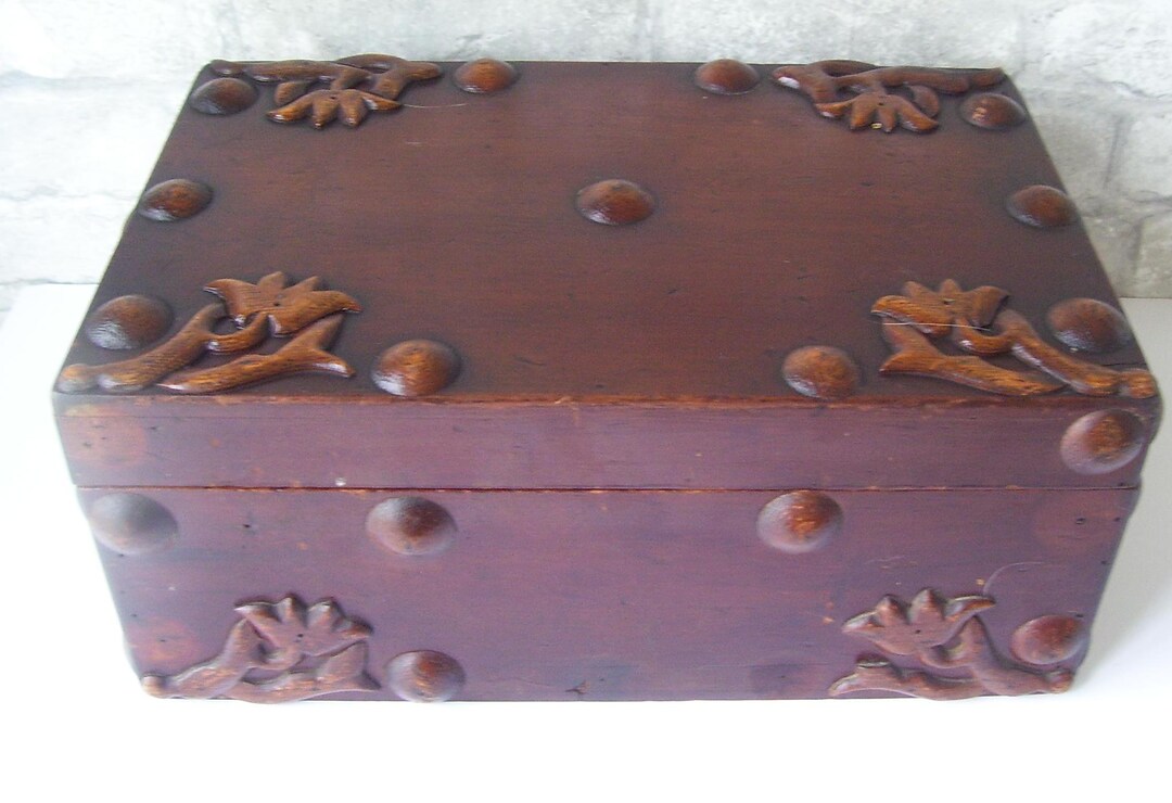 Antique Lidded Wood Storage Box, Fancy Dark Stain Wooden Box ...