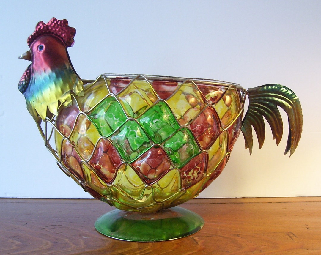 Metal and Glass Sculptured Rooster Planter - Red and Green Glass ...
