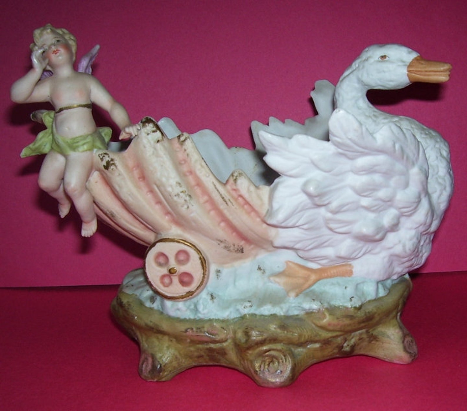 Swan Bisque Chariot Planter With Cupid Flying White Swan | Etsy