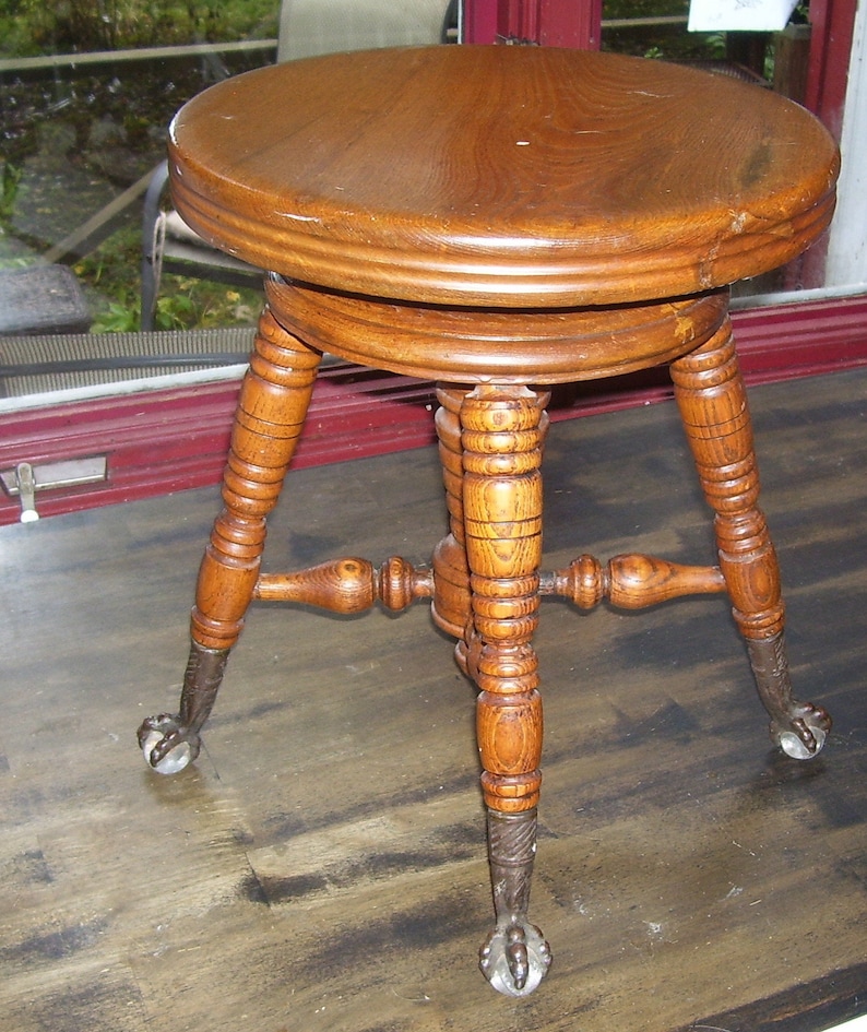 Antique Maple Piano Stool Lyon Healy Chicago Round Glass Balls on Cast ...