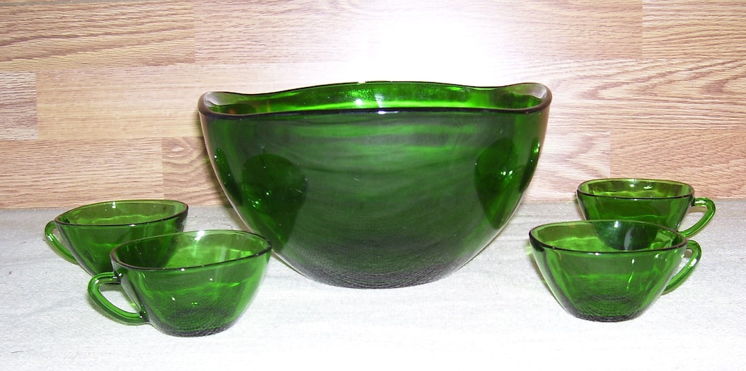 Anchor Hocking Emerald Green Punch Bowl With Four Matching Cups, Square ...