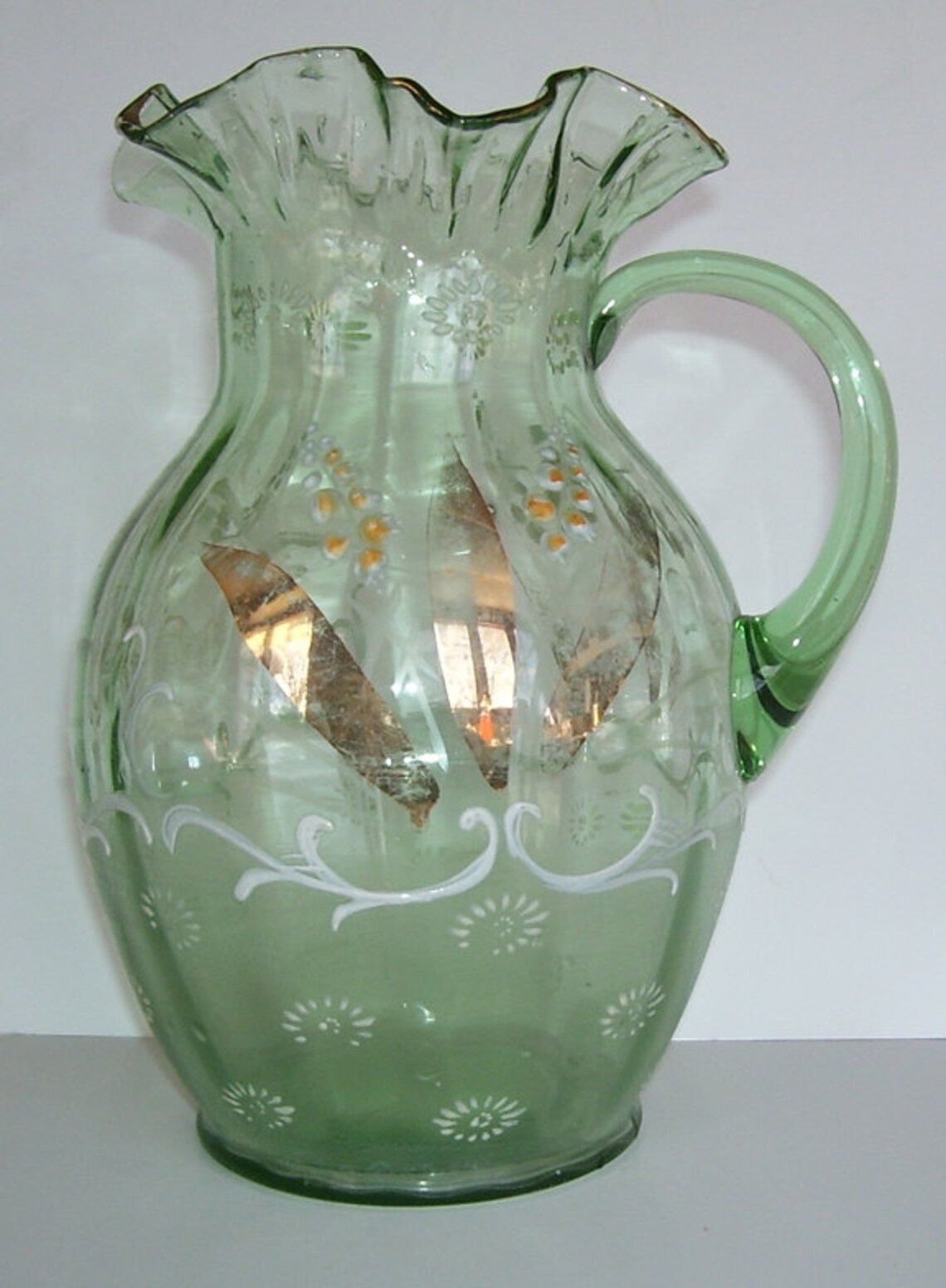 Fenton Modern Art Enamel Painted Etched Bottom Green Pitcher | Etsy