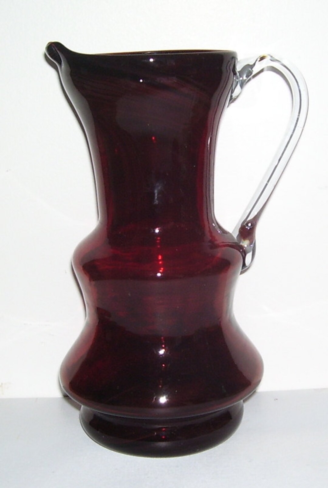 Ruby Red Modern Hand Blown Glass Pitcher, Clear Glass Handle, 32 Oz's ...