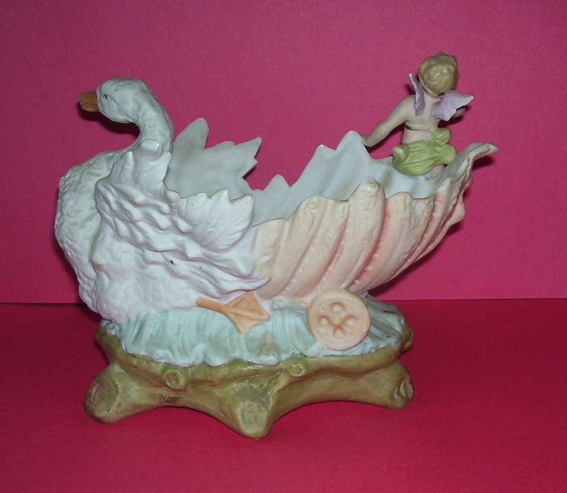 Swan Bisque Chariot Planter With Cupid Flying White Swan | Etsy