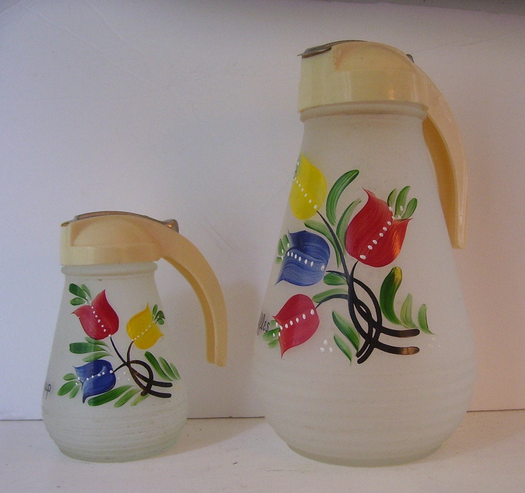 2 Hazel Atlas Frosted Waffles and Syrup Pitchers - Brilliant Colorful ...