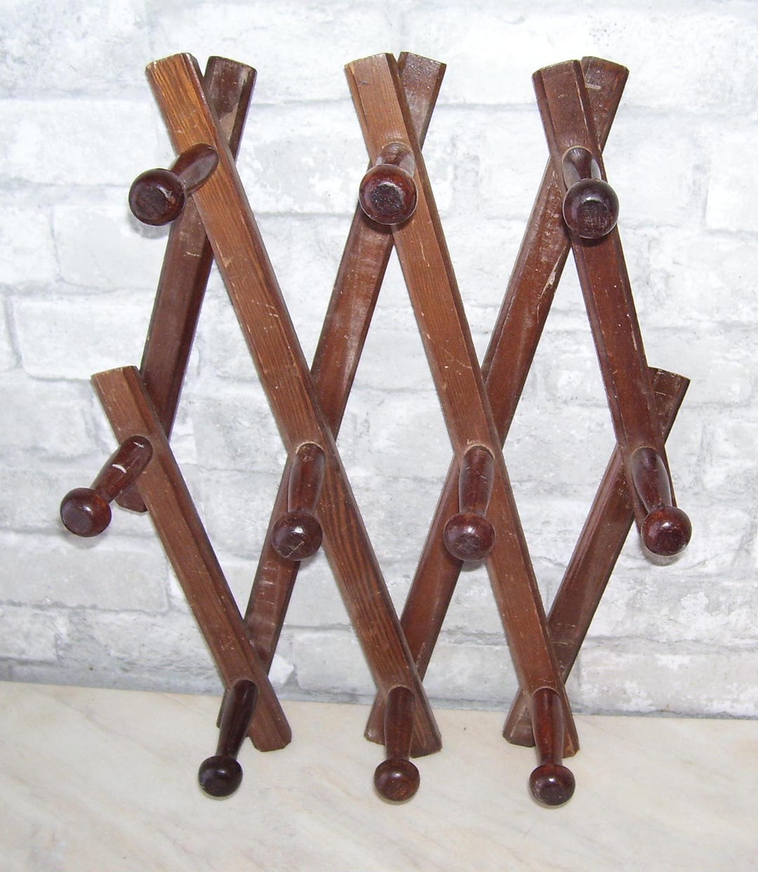 Vintage 10 Wood Pegs Hanging Coat Expandable or Hat Wall Rack/ Large ...