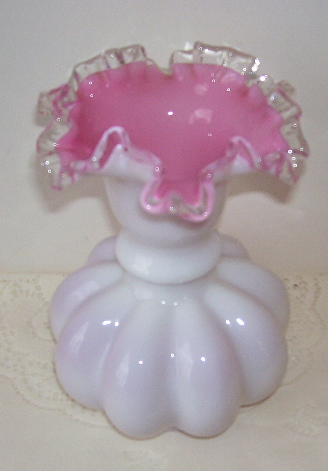 Tall Fenton White and Pink Silver Crest Melon Vase Ruffled Crestline ...