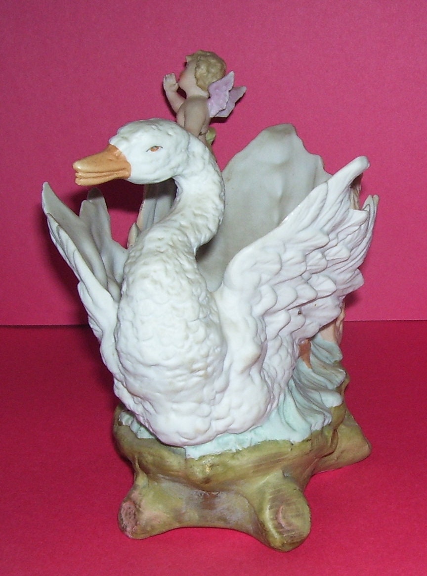 Swan Bisque Chariot Planter With Cupid Flying White Swan | Etsy